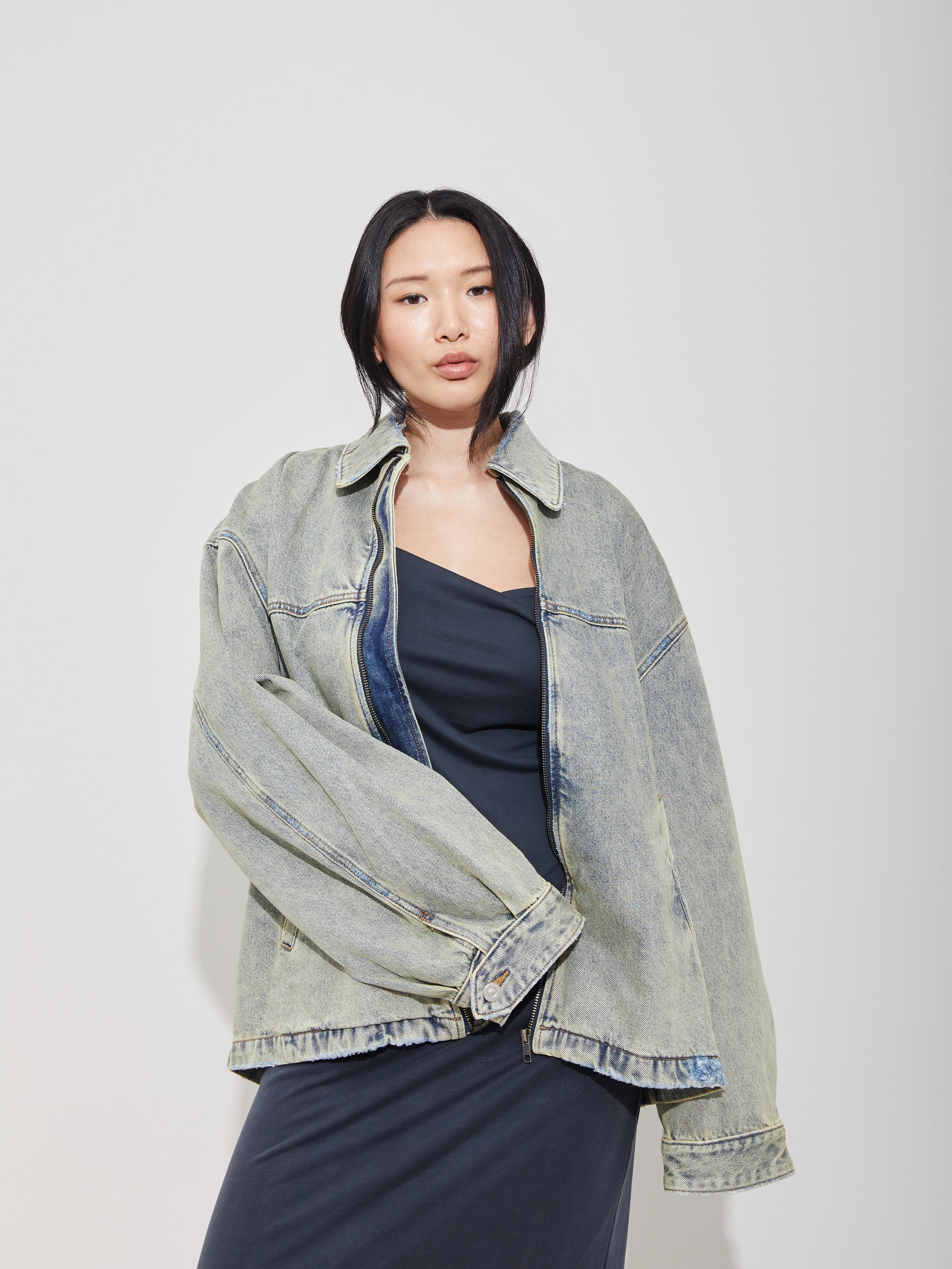 Indigo Acid Washed Distressed Denim Slant Jacket – LANG